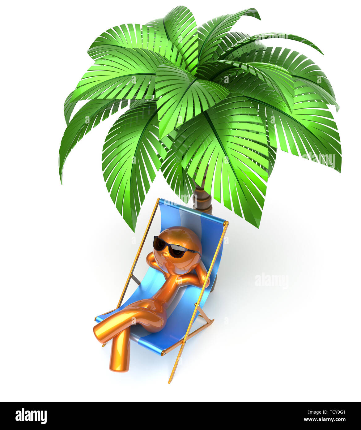Man character relaxing beach deck chair palm tree chilling sunglasses ...