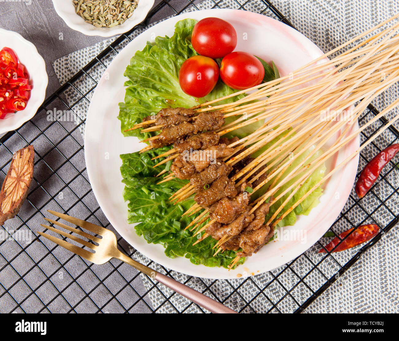 Iron plate barbecue lamb kebab, duck gizzard, lamb, pork beef Stock ...