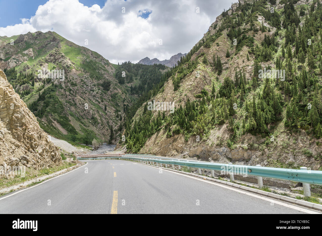 G217 Duku Highway in Alpine Forest under Summer Blue Sky and White ...
