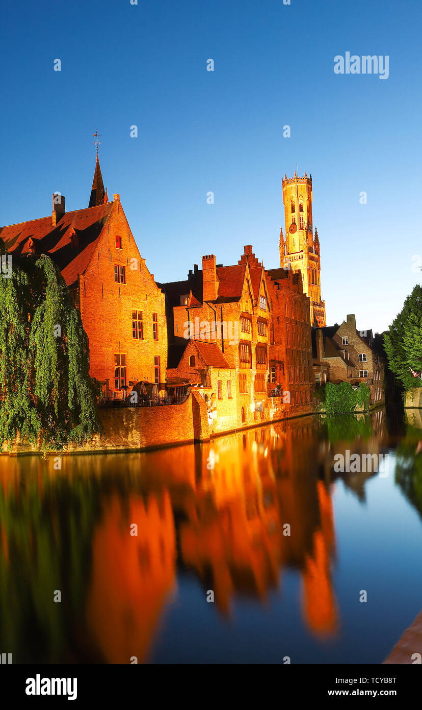 Famous view of Bruges tourist landmark attraction - Rozenhoedkaai canal ...