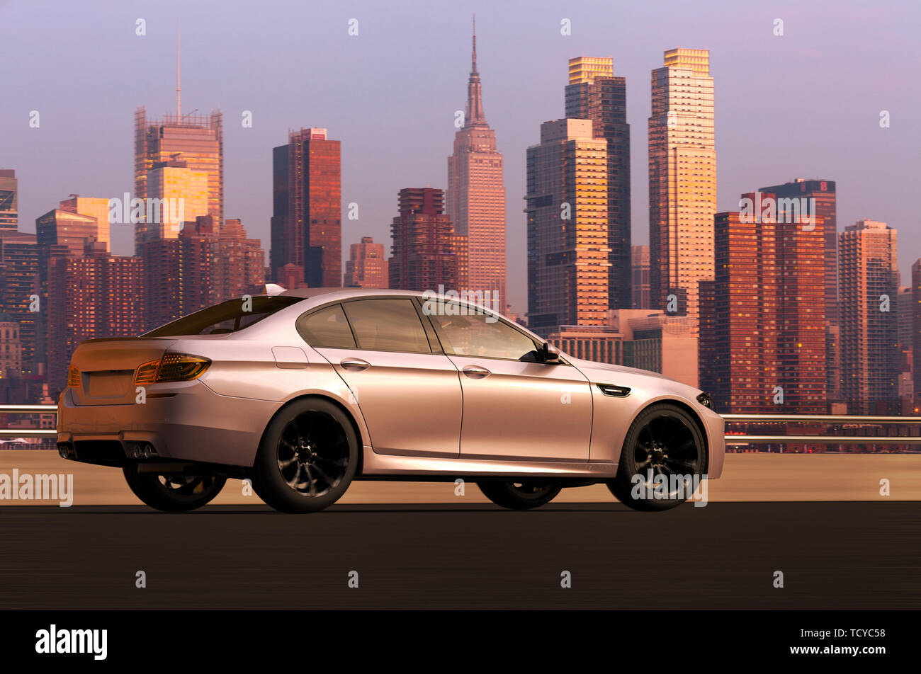 3D rendering of a sedan car infront of Manhattan skyline, USA Stock ...