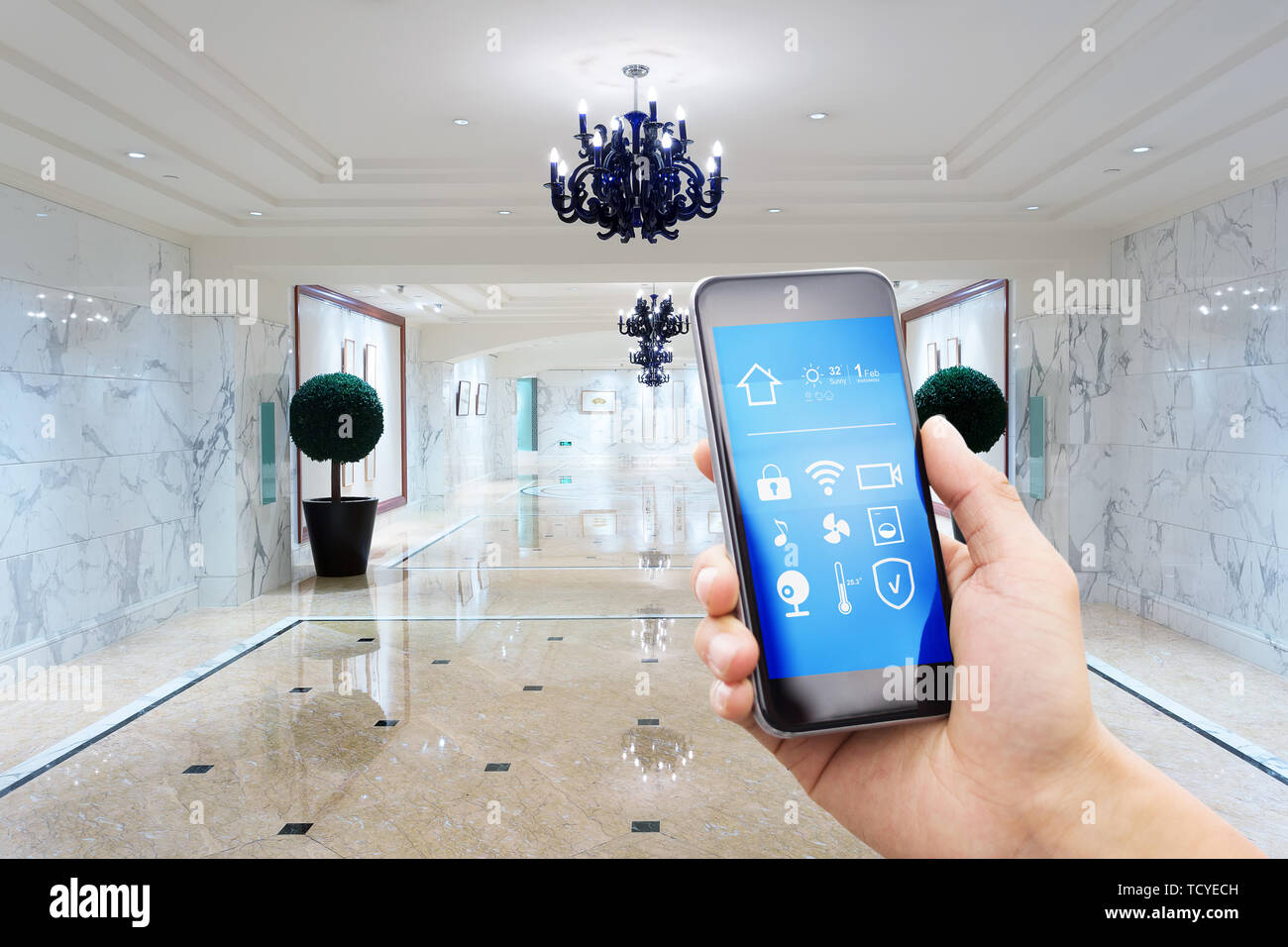 smart phone with smart home with modern corridor Stock Photo - Alamy