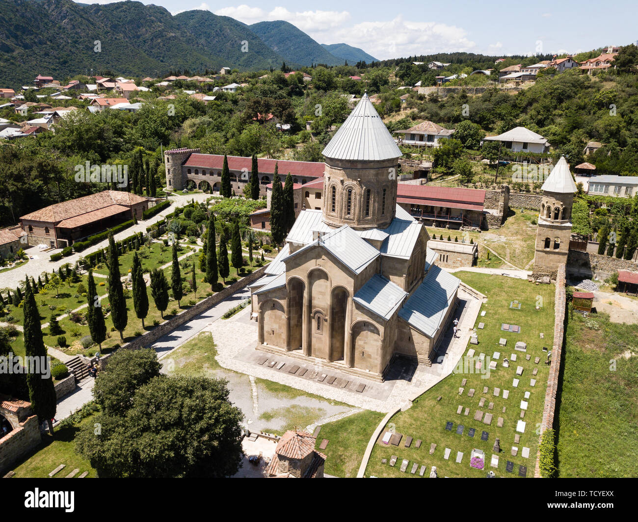 Aerial view to Transfiguration Church. Samtavro Monastery has Living ...