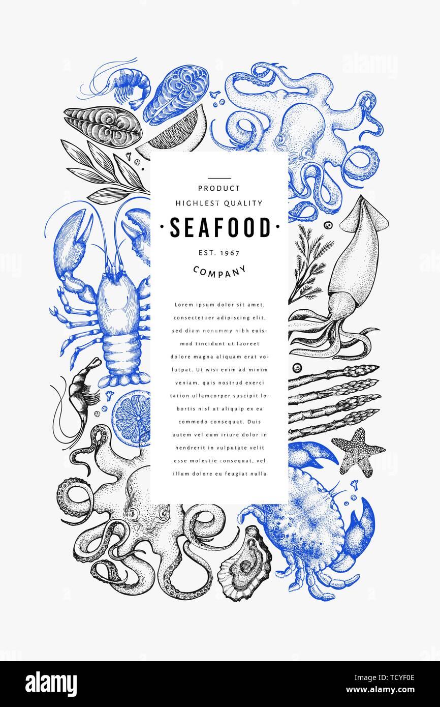 Seafood and fish design template. Hand drawn vector illustration. Can ...