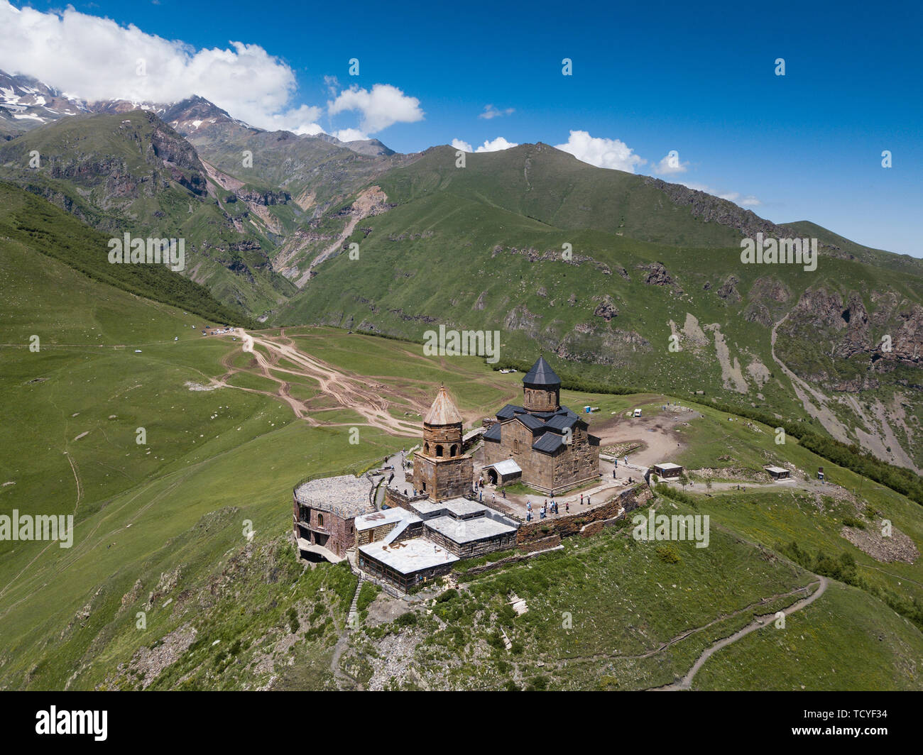 Aerial view to Gergeti Trinity Church or Tsminda Sameba, Holy Trinity ...