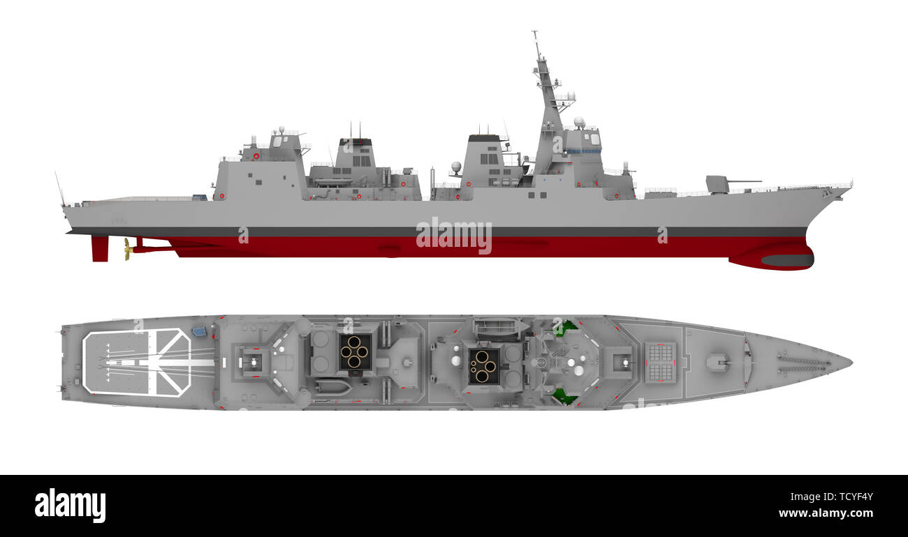 warship side view and top view isolated on white. 3d rendering Stock ...