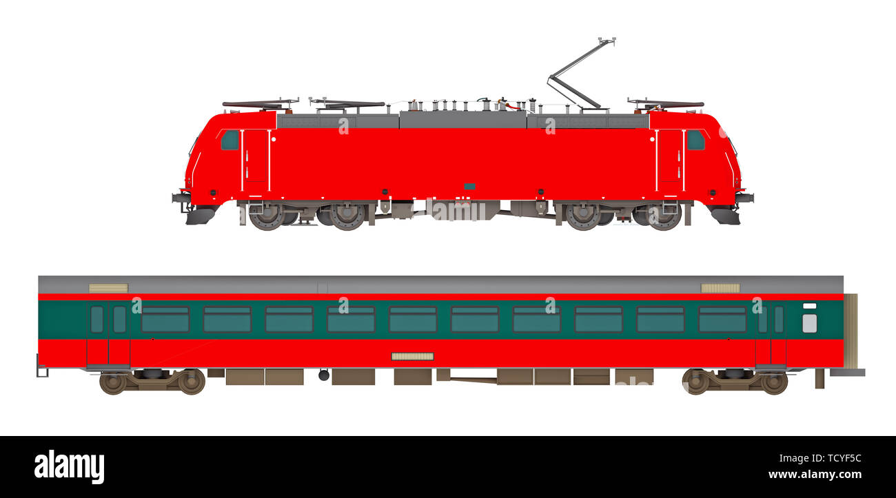 electric locomotive with carriage isolated on white side view. 3d ...
