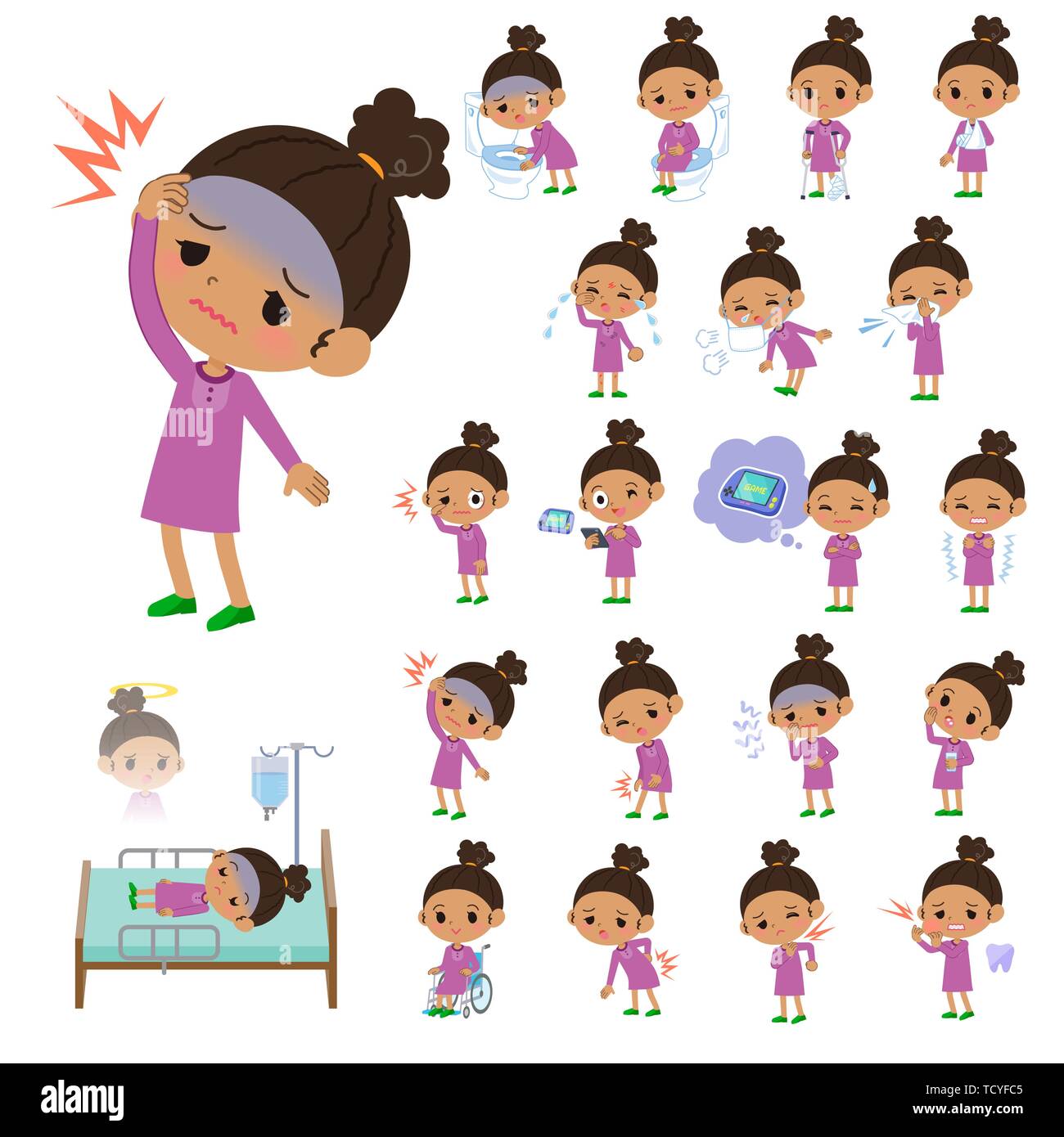 A set of girl with injury and illness.There are actions that express ...