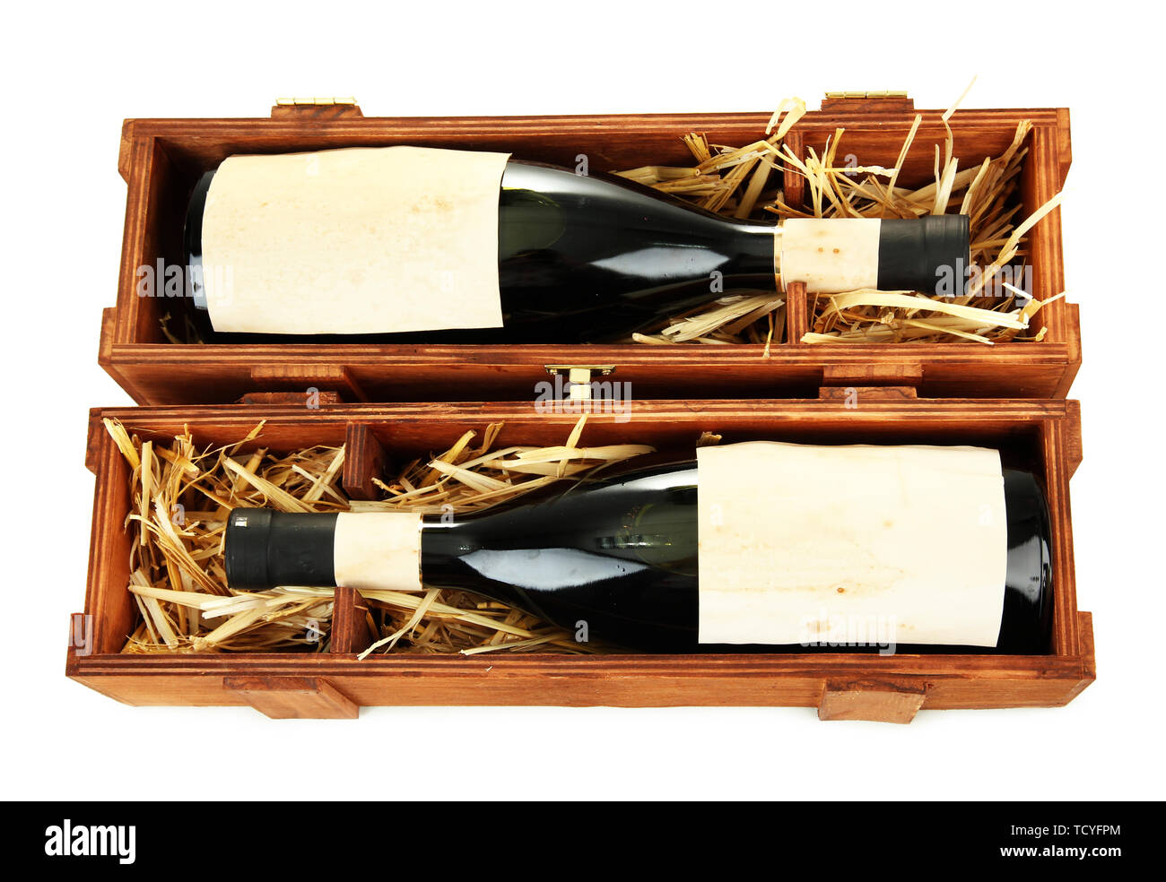 Bottles of old red wine in gift wooden box, isolated on white Stock ...