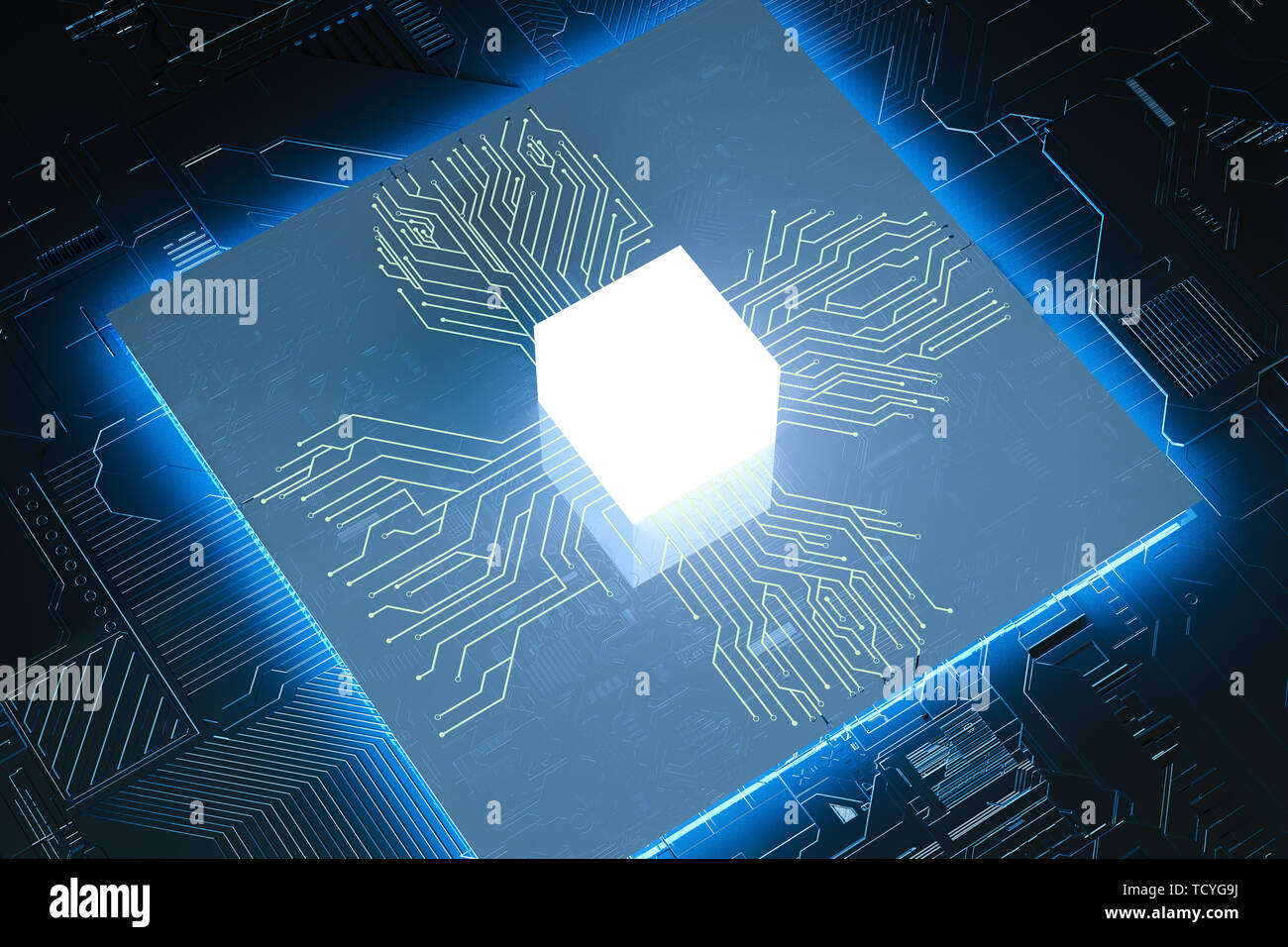 Three-dimensional rendering, circuit board with blue chip Stock Photo ...