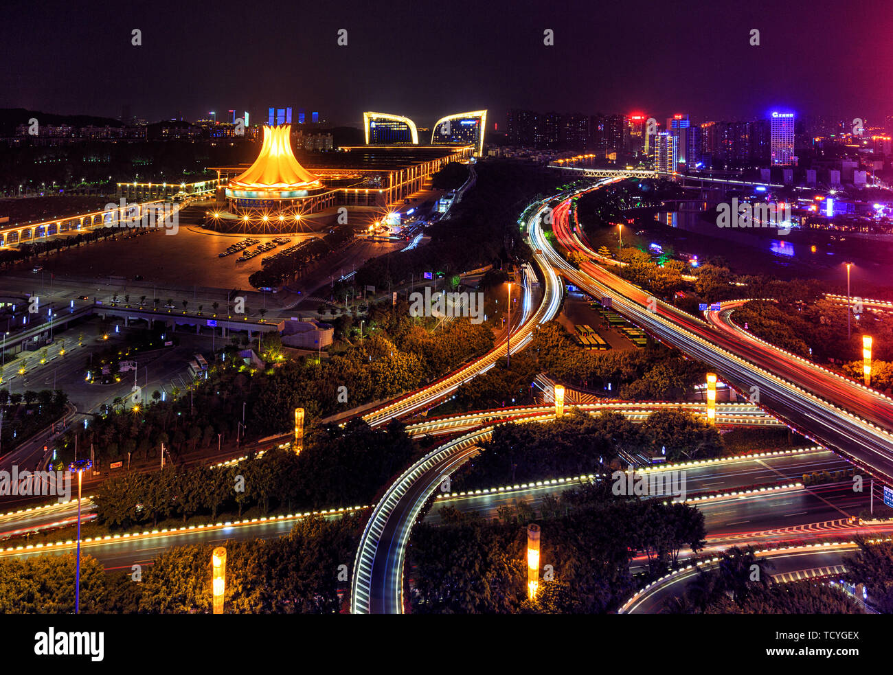 City night view, sunset, overpass, light rail Stock Photo - Alamy