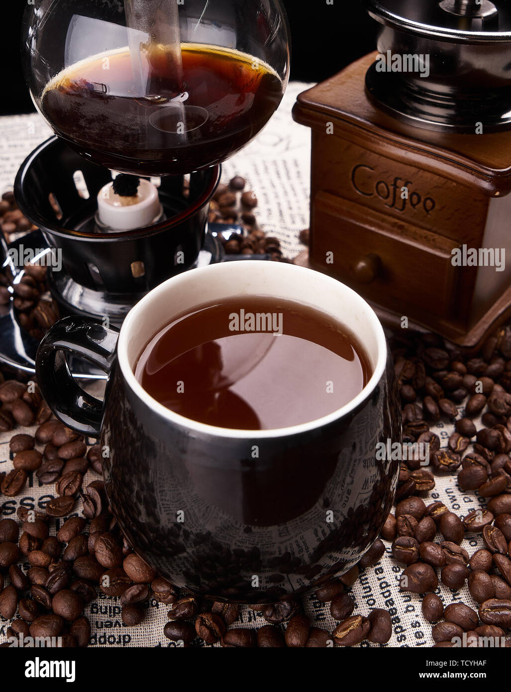 Handmade bean grinding tool combinations and coffee Stock Photo - Alamy