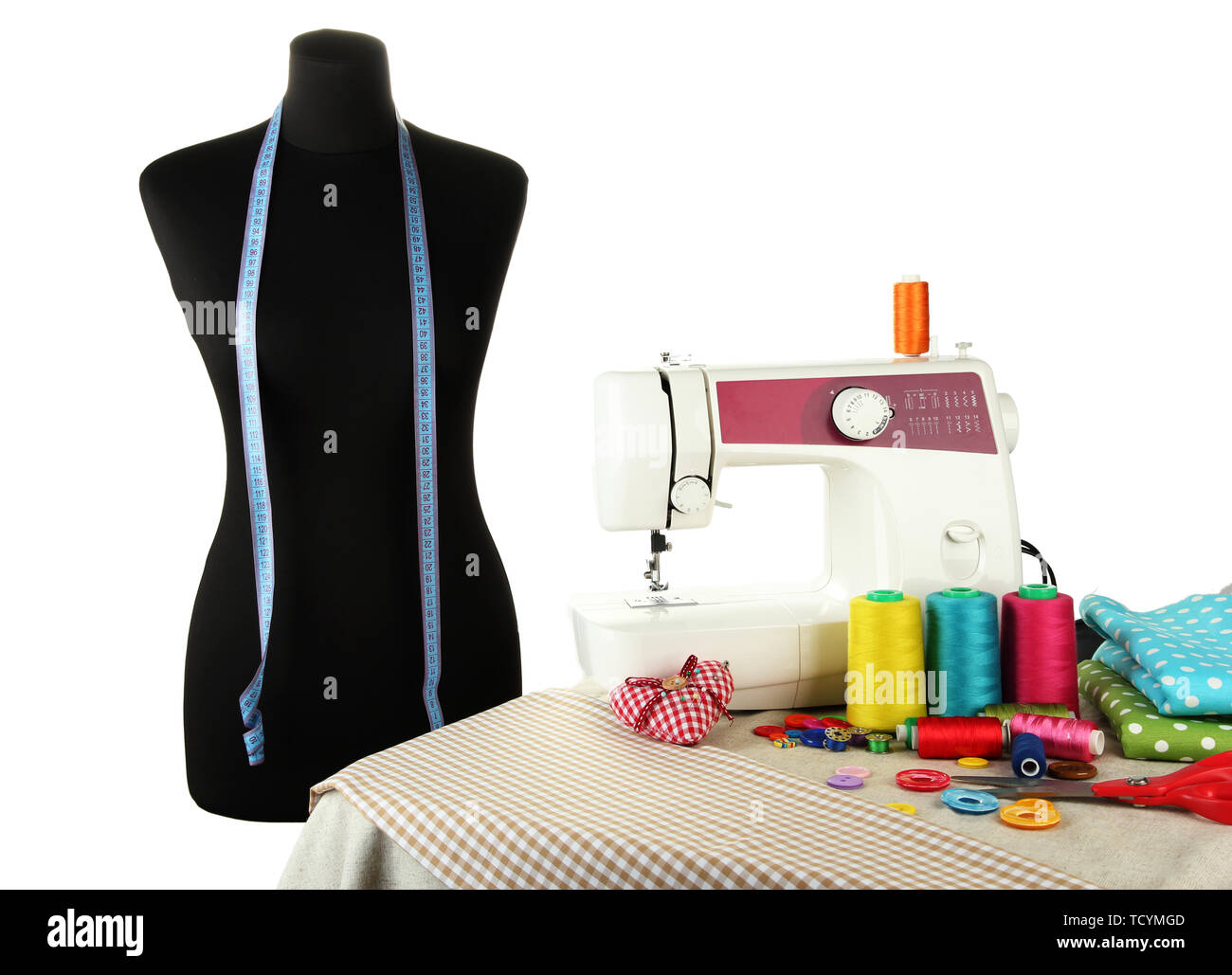 Sewing machine, dummy and other sewing equipment isolated on white ...