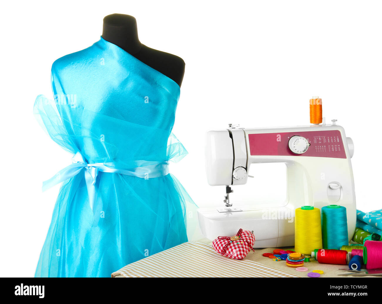 Sewing machine, dummy and other sewing equipment isolated on white ...
