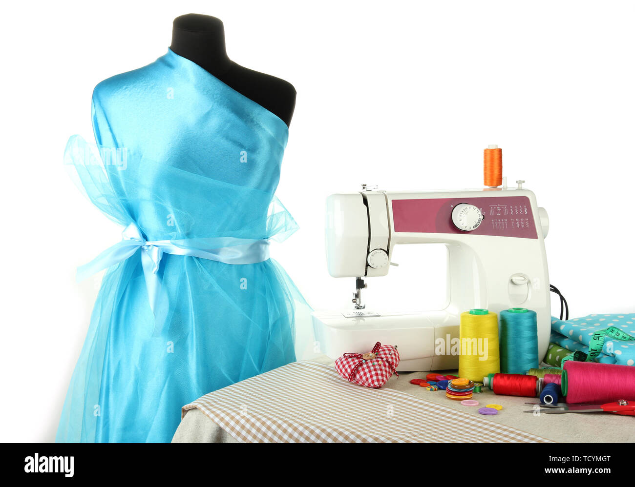 Sewing machine, dummy and other sewing equipment isolated on white ...