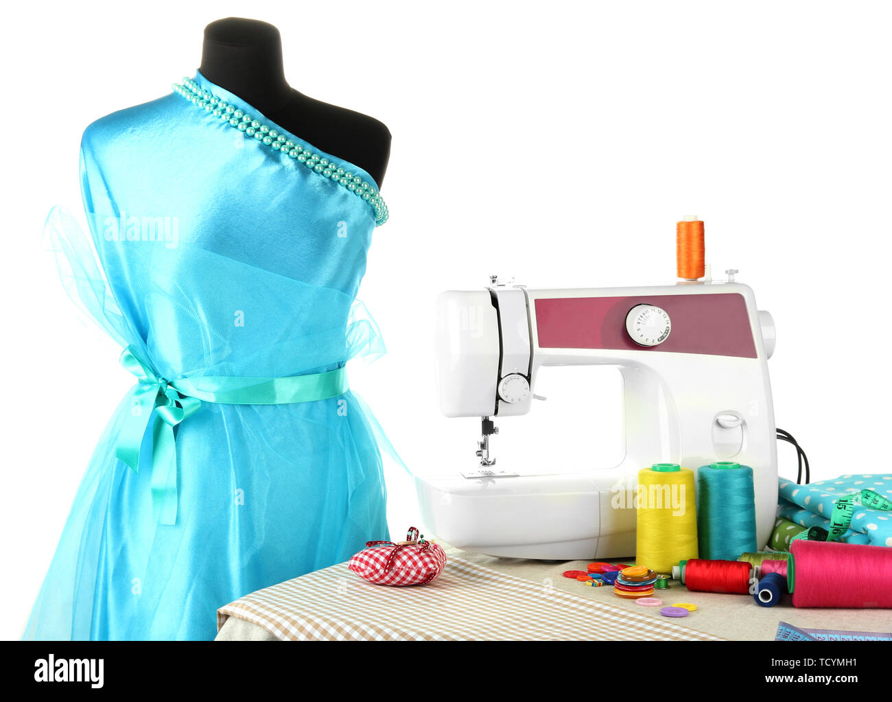 Sewing machine, dummy and other sewing equipment isolated on white ...