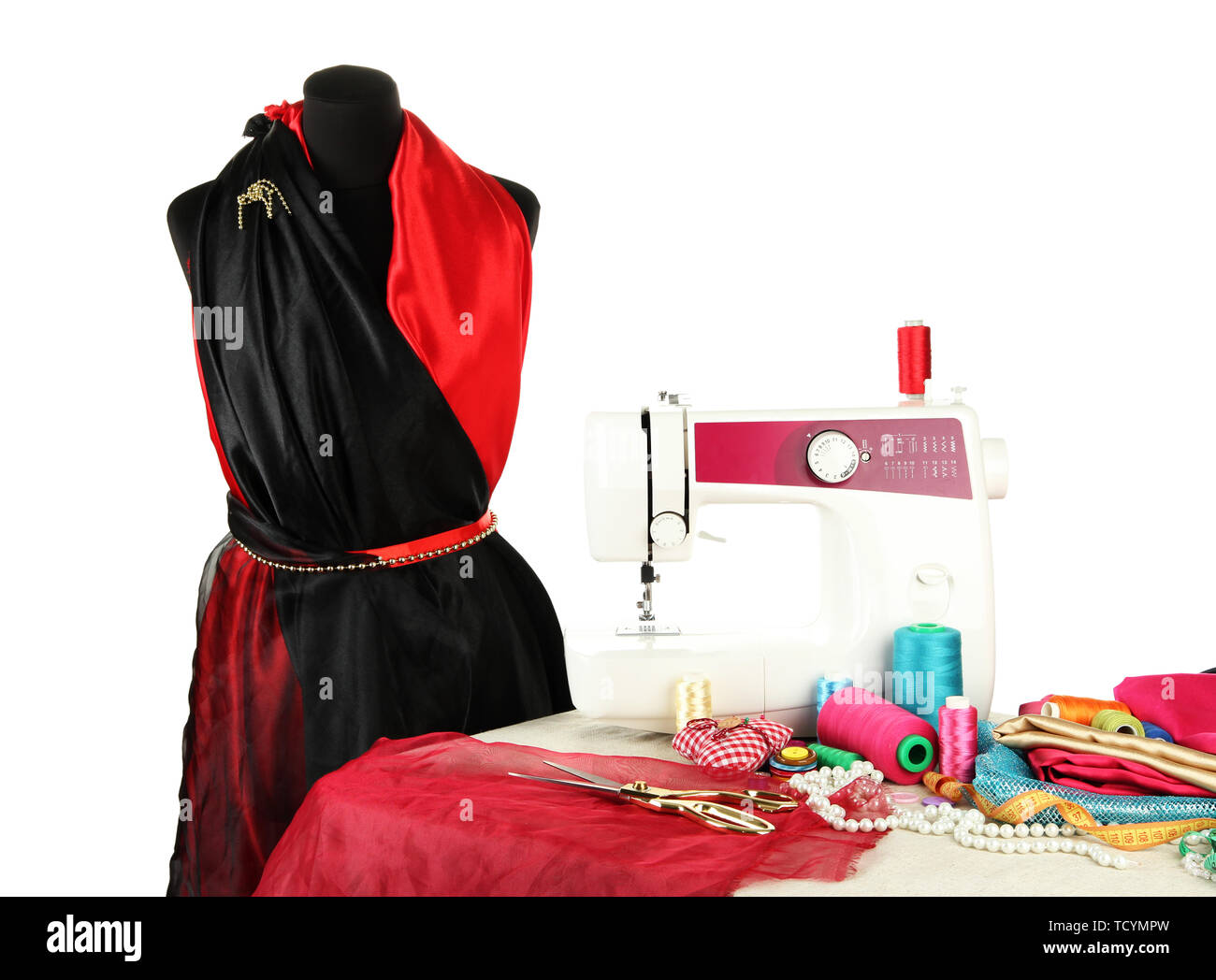 Sewing machine, dummy and other sewing equipment isolated on white ...