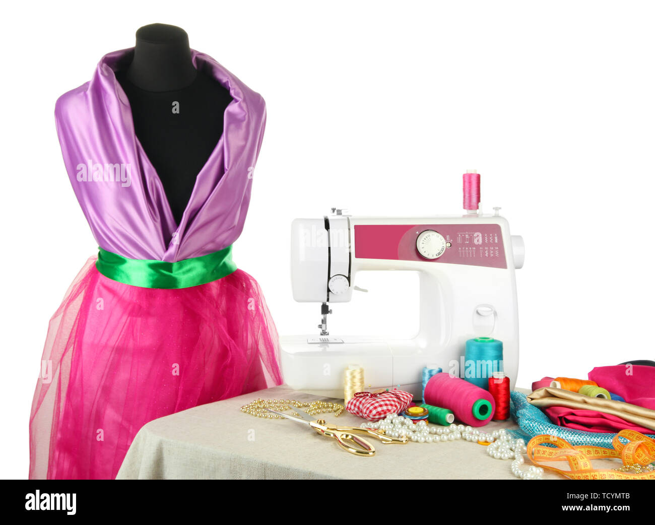 Sewing machine, dummy and other sewing equipment isolated on white ...