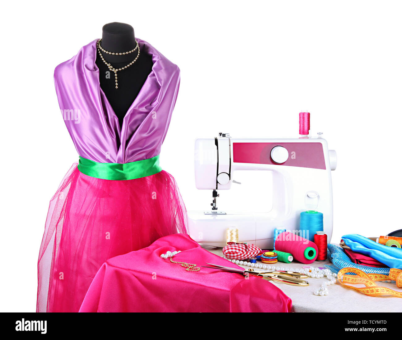 Sewing machine, dummy and other sewing equipment isolated on white ...