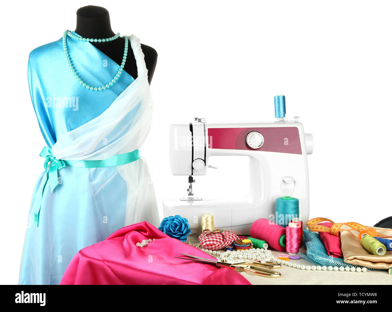 Sewing machine, dummy and other sewing equipment isolated on white ...