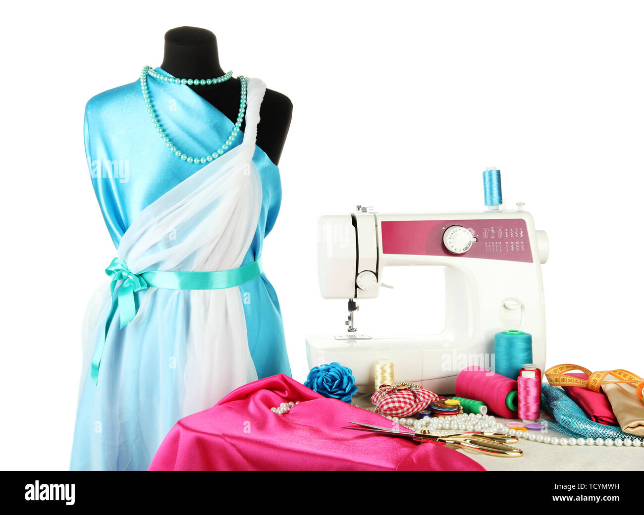 Sewing machine, dummy and other sewing equipment isolated on white ...