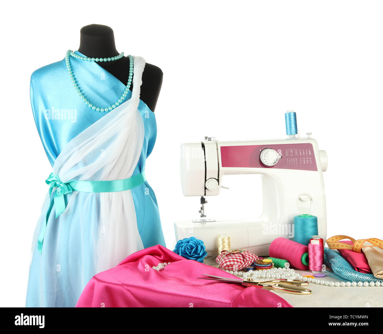 Sewing machine, dummy and other sewing equipment isolated on white ...