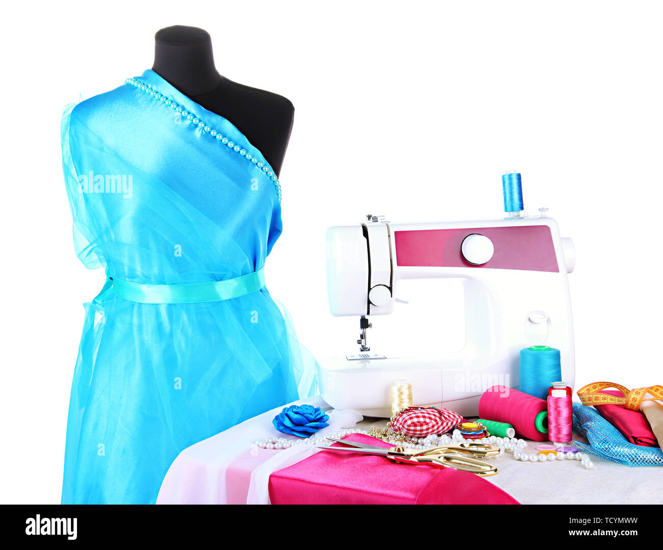 Sewing machine, dummy and other sewing equipment isolated on white ...