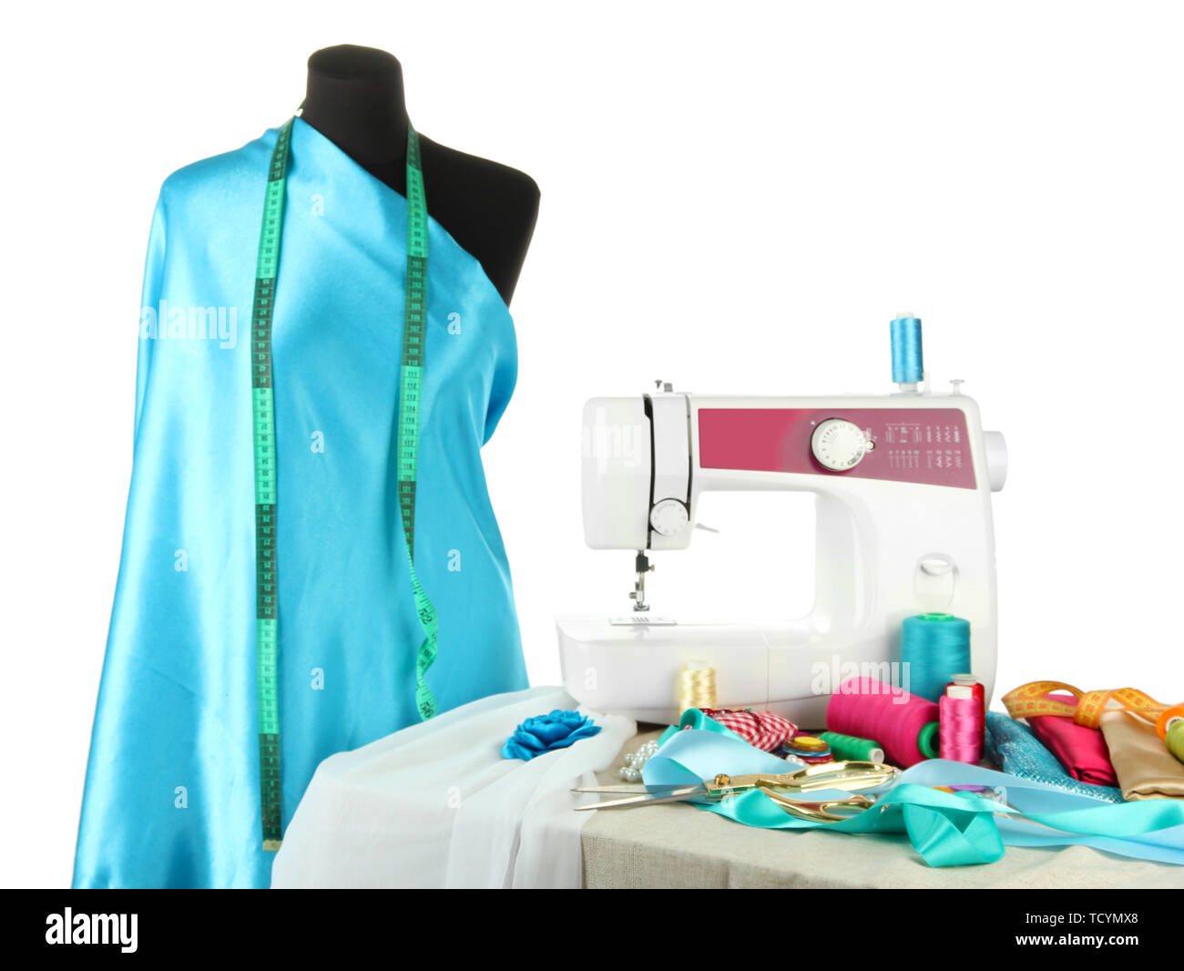 Sewing machine, dummy and other sewing equipment isolated on white ...