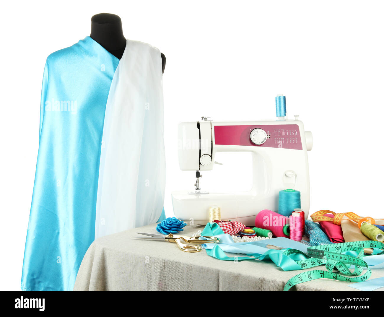 Sewing machine, dummy and other sewing equipment isolated on white ...