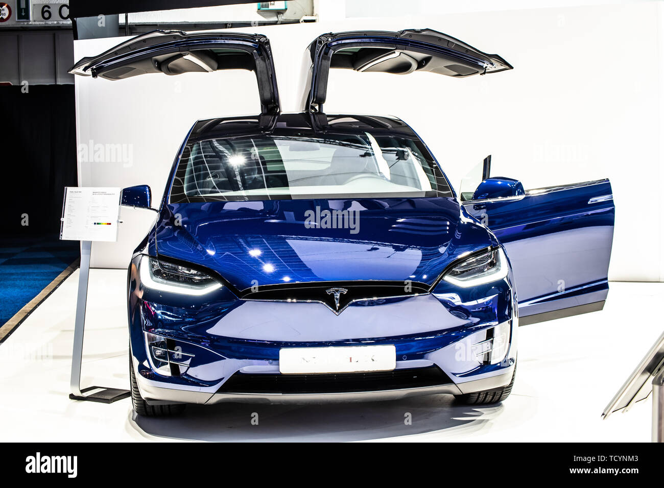 Brussels, Belgium, Jan 22, 2019: metallic blue Tesla Model X P100D at ...