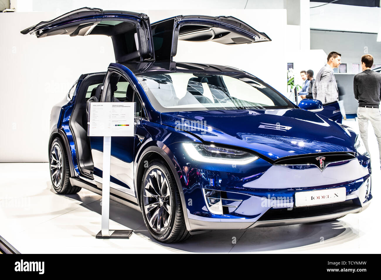 Brussels, Belgium, Jan 22, 2019: metallic blue Tesla Model X P100D at ...