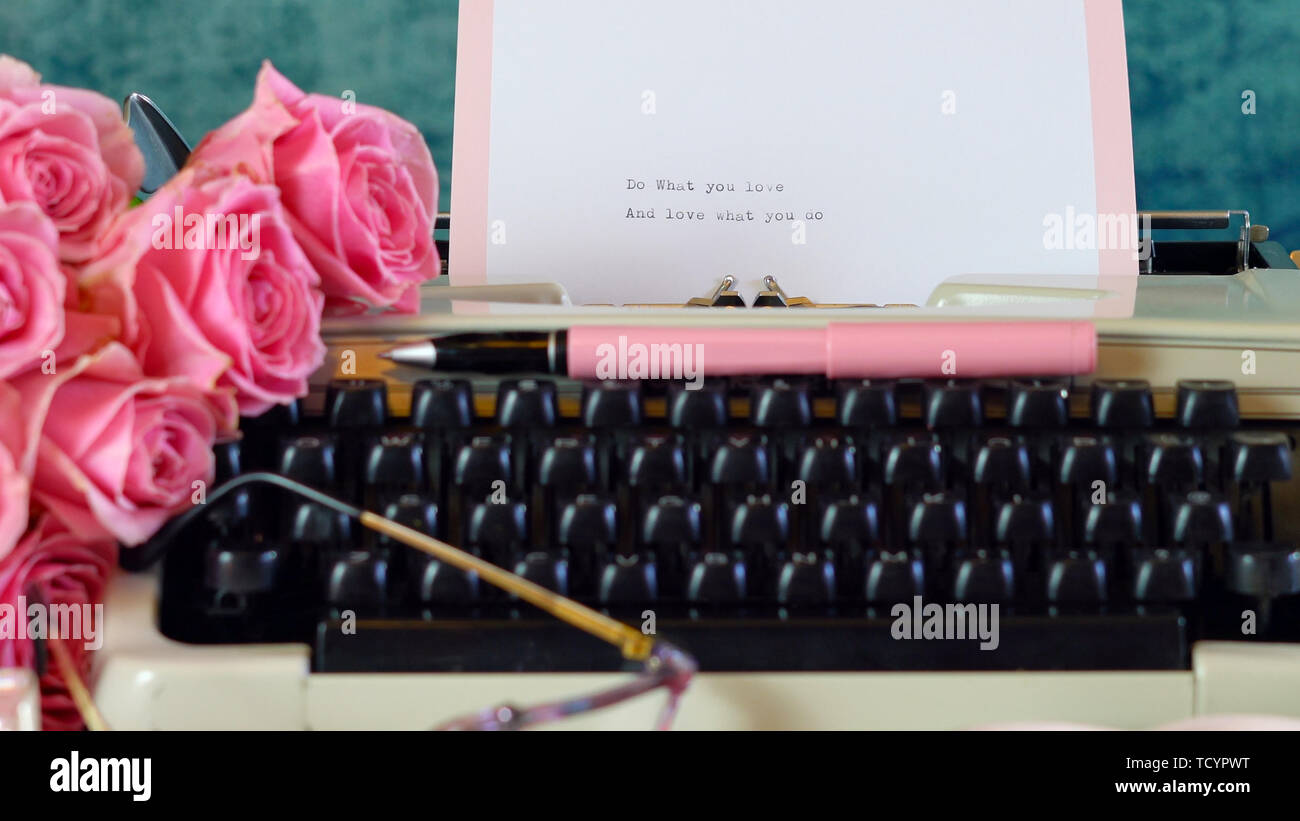 Romantic vintage feminine writing scene, tea break with old typewriter ...