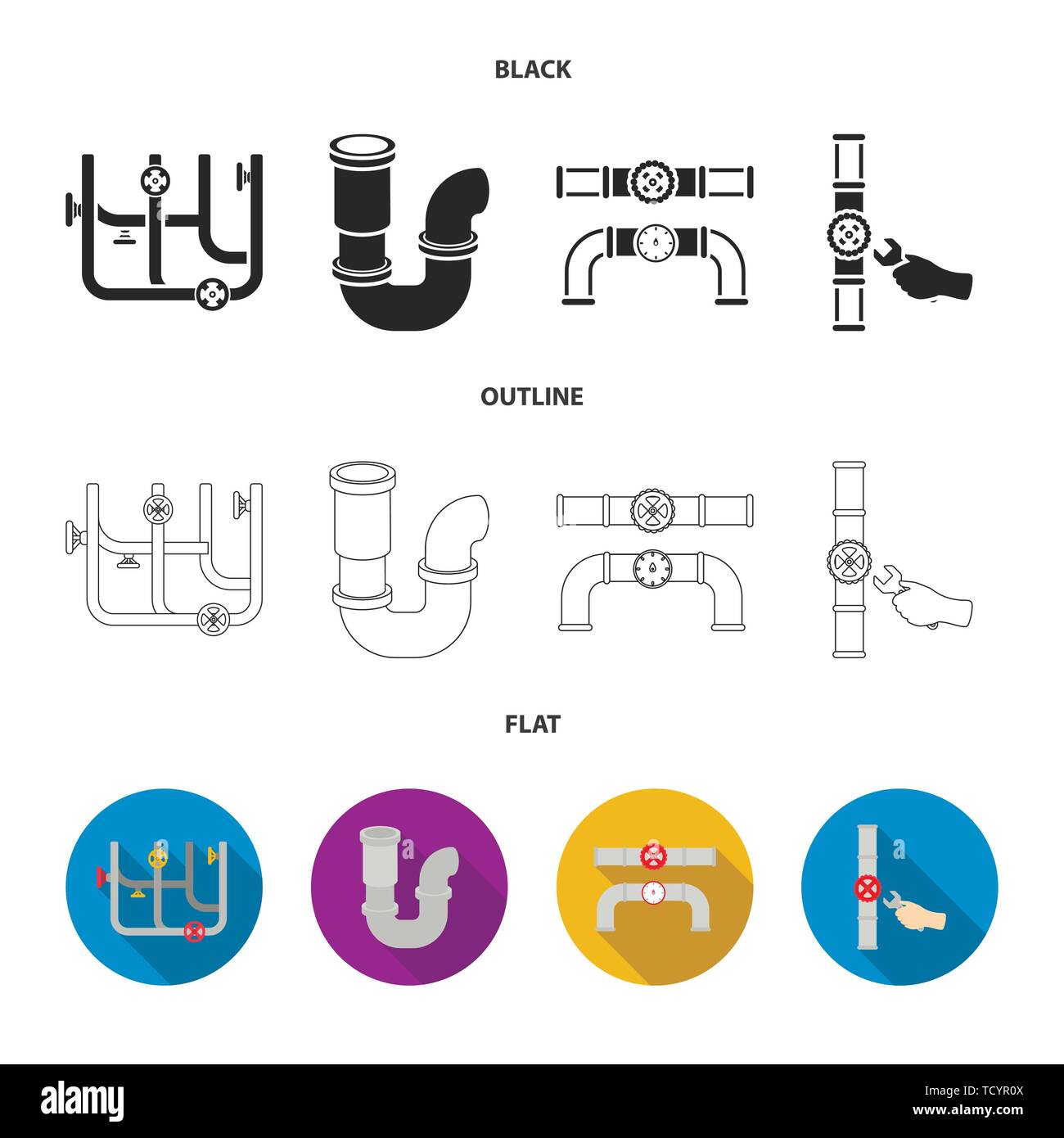 Vector illustration of pipe and plumbing sign. Set of pipe and metal ...