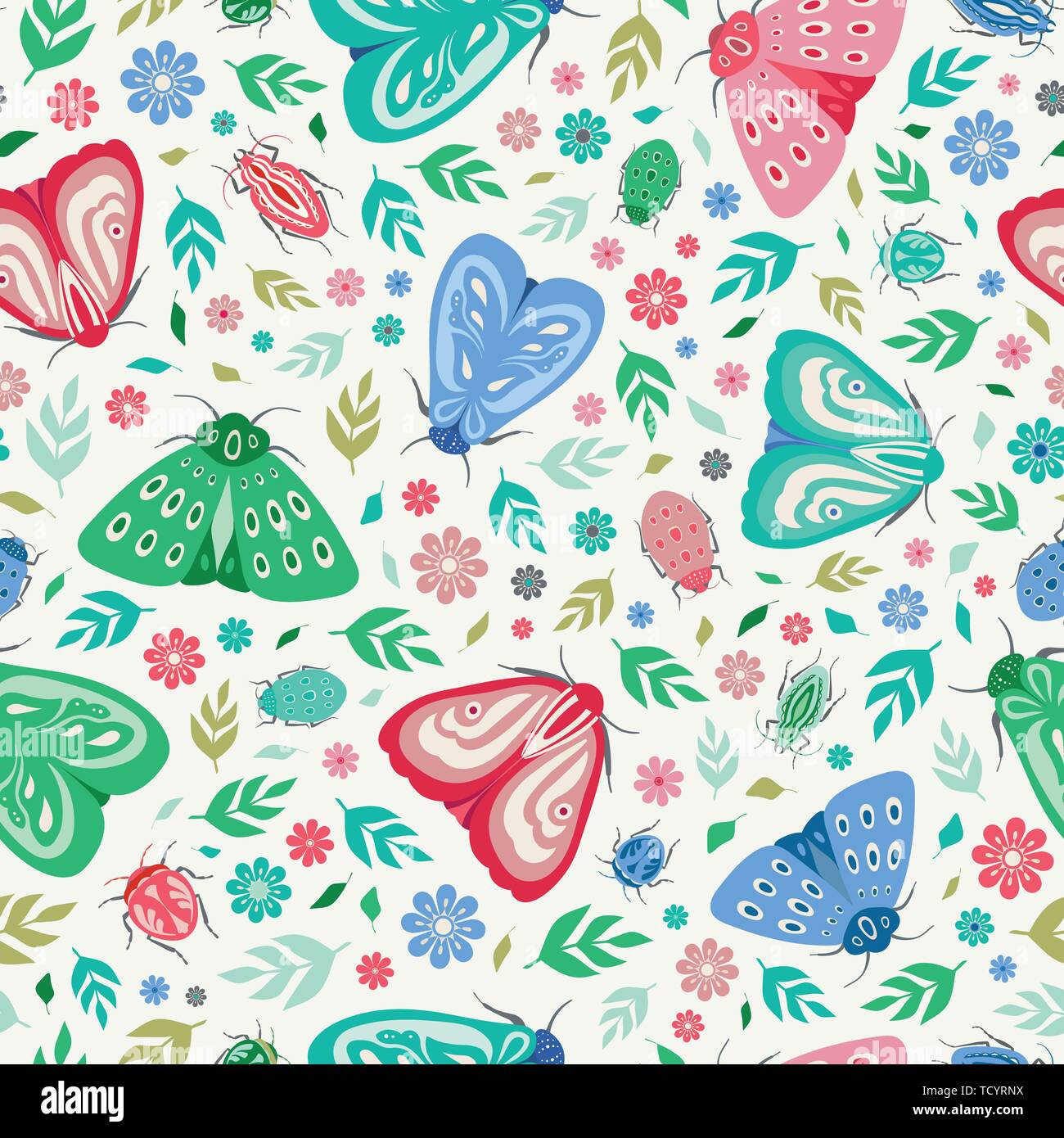 Seamless repeat pattern background of colourful moths, beetles, leaves ... Seamless repeat pattern background of colourful moths, beetles, leaves ...