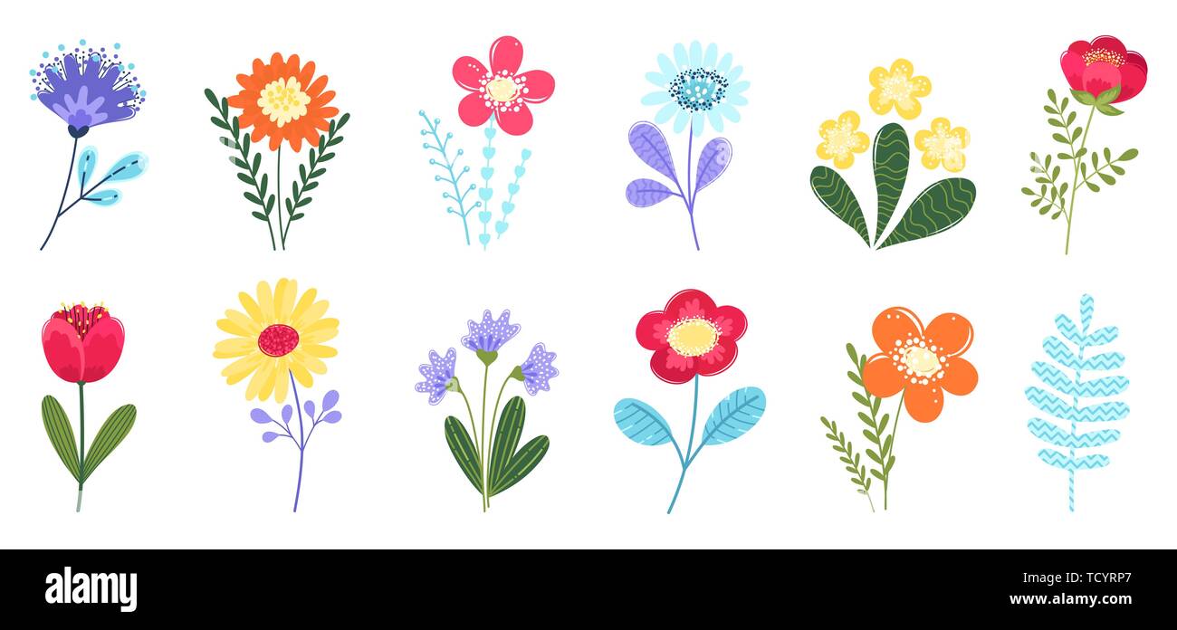 Collection of funny cartoon flower icons isolated on white background ...