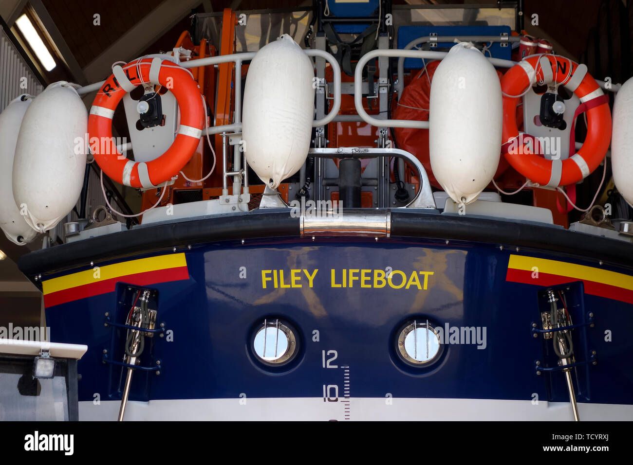 Close up of the RNLI lifeboat on the coble landing at filey bay ...