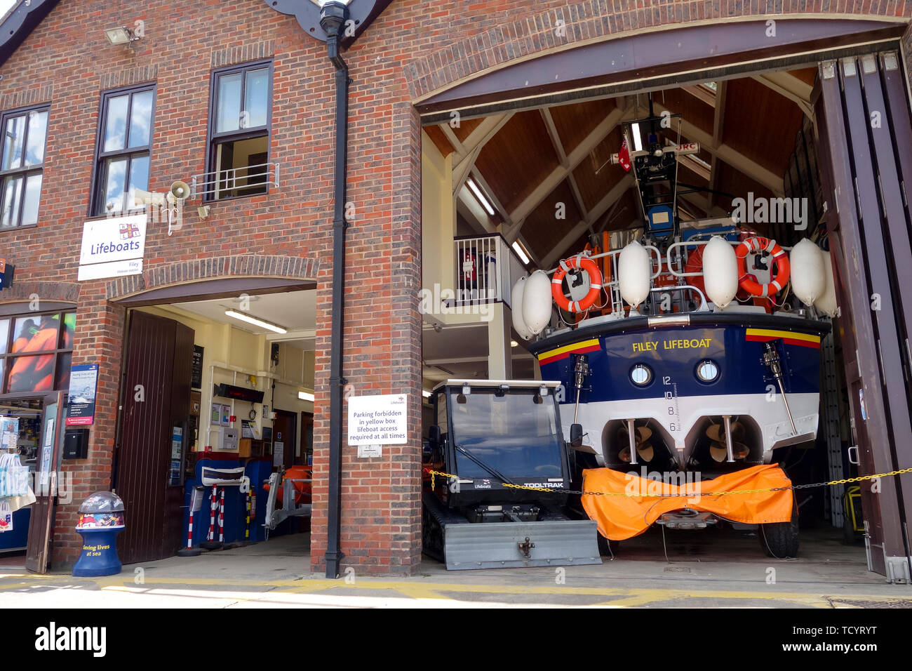 Close up of the RNLI lifeboat on the coble landing at filey bay ...