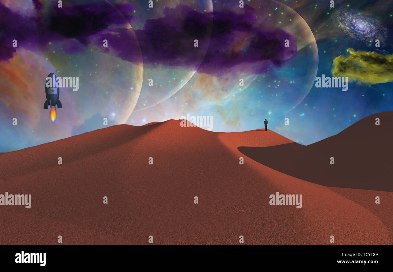 Lonely man in alien planet desert Stock Photo - Alamy