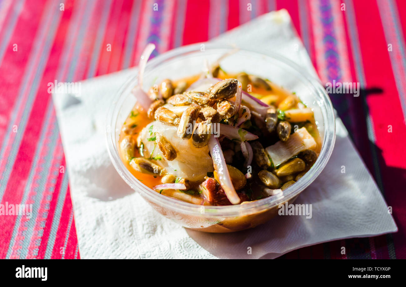 Peruvian mixed ceviche with red onion and fried corn at a street food ...