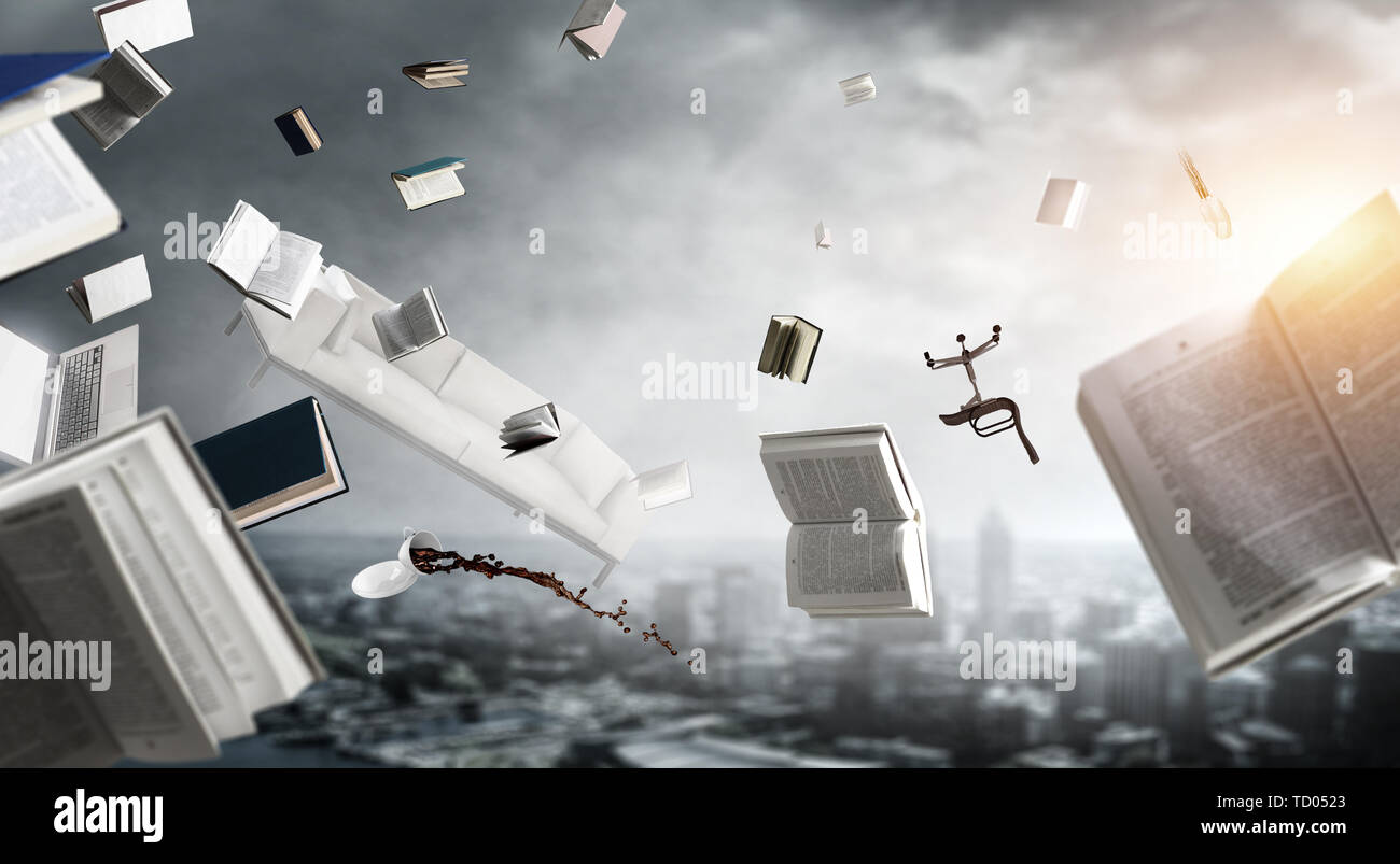 Office objects flying messy around Stock Photo - Alamy