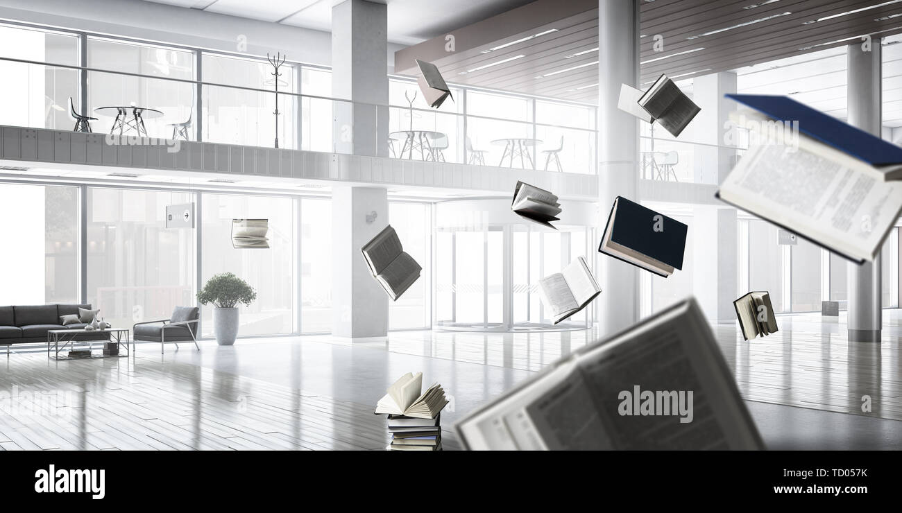 Office workplace with flying objects Stock Photo - Alamy