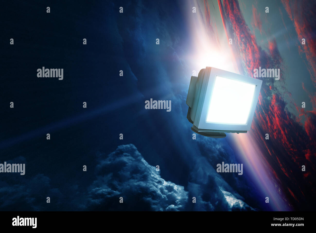 Retro pc screen flying in space Stock Photo - Alamy