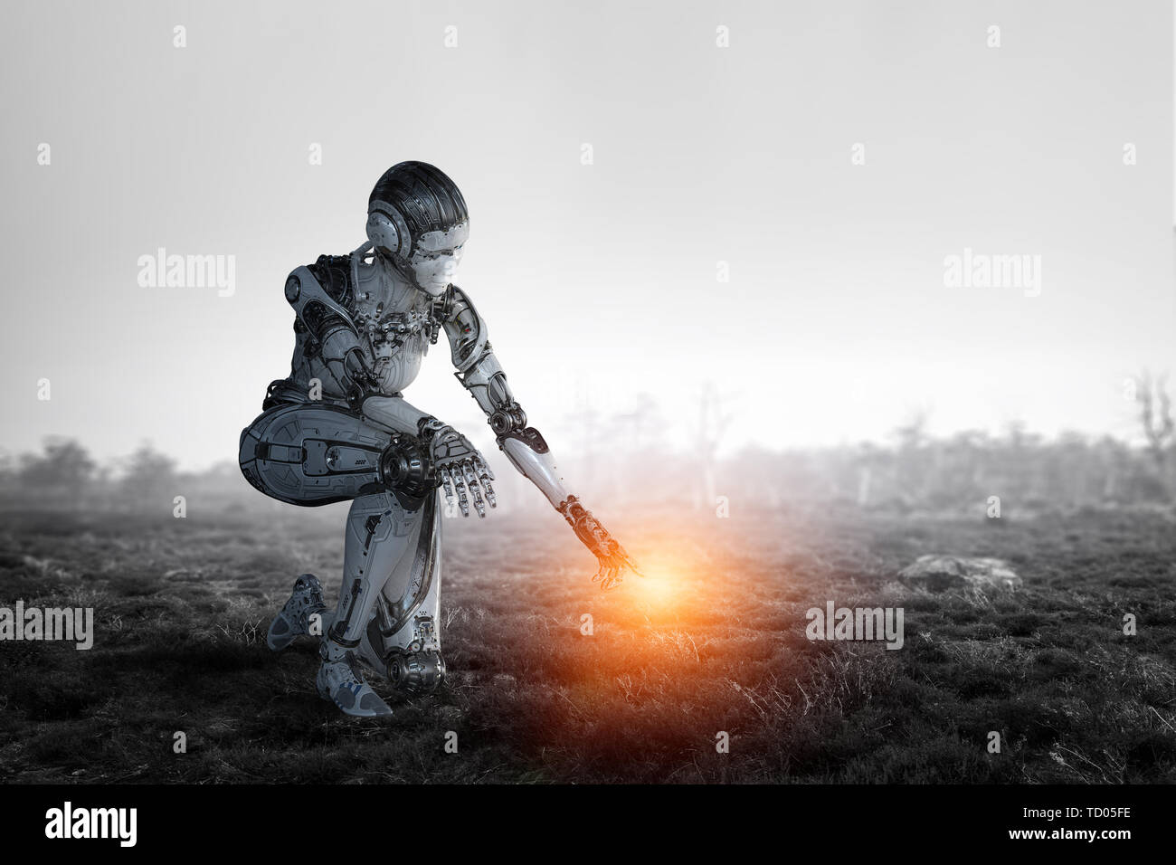 Cyborg silver woman sitting on one knee and smiling Stock Photo - Alamy