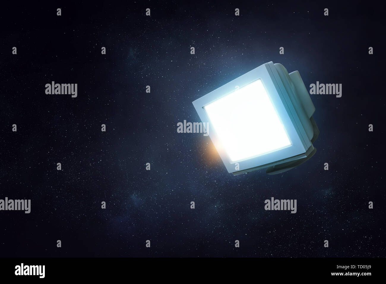 Retro pc screen flying in space Stock Photo - Alamy