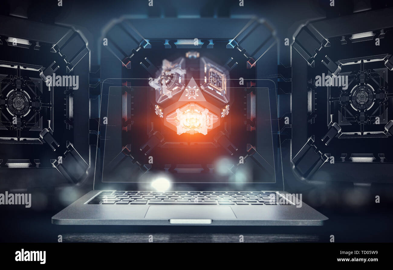 Laptop on mechanic tech background Stock Photo - Alamy