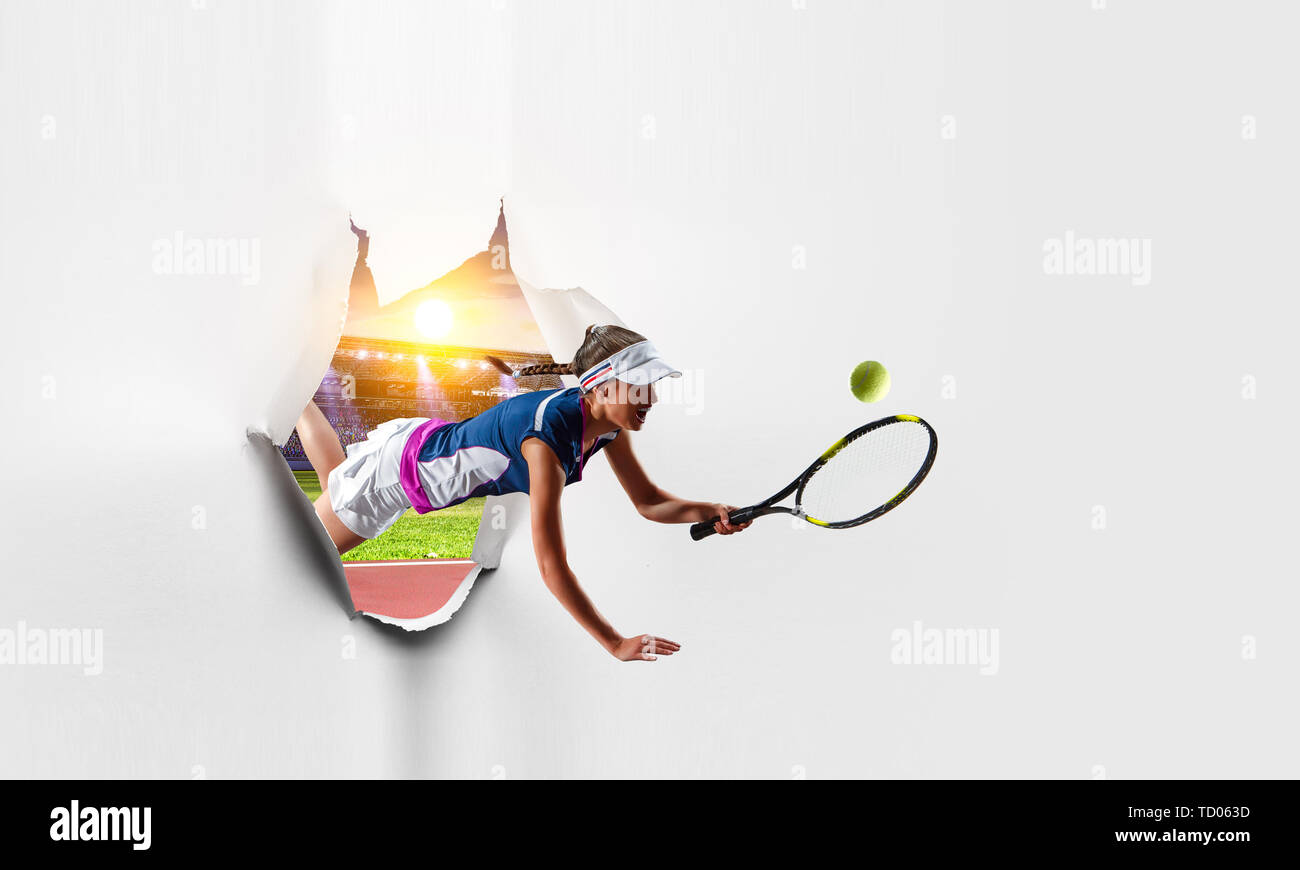 Paper breakthrough hole effect and tennis player Stock Photo - Alamy
