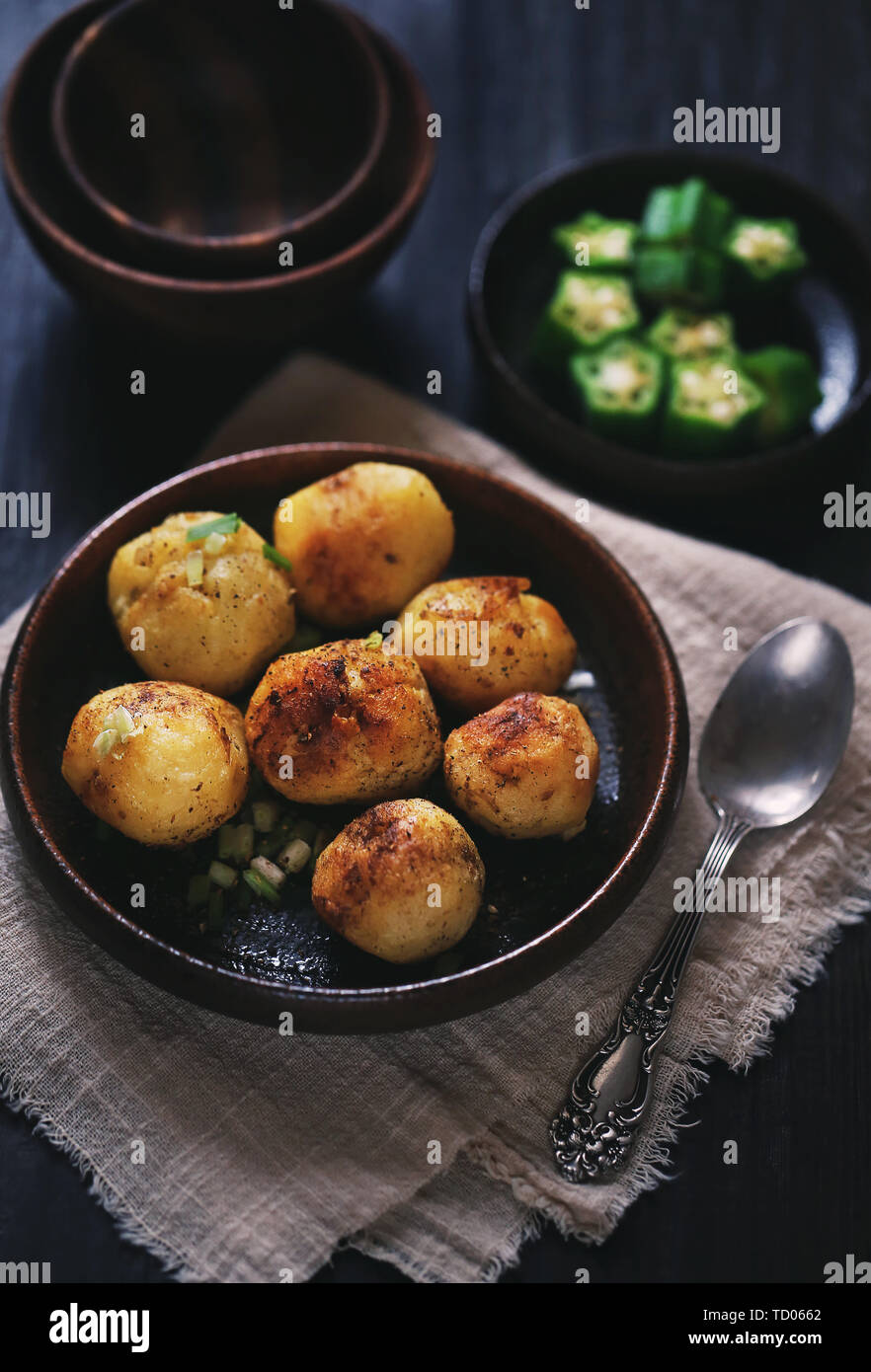 Roasted small potatoes, coleslaw okra. Perfect for winter cuisine Stock ...