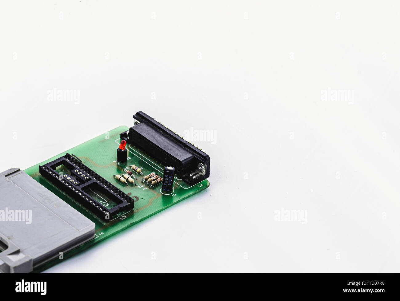 Electronic printed circuit board with chips and other components, front ...