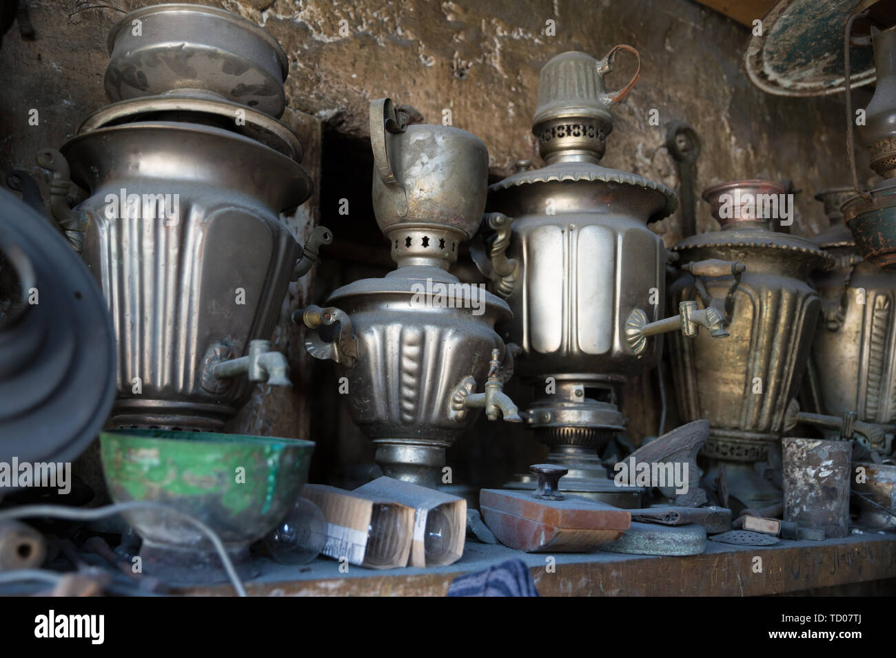 Coppersmith workshop and hand made copper things, Lahich, Azerbaijan ...