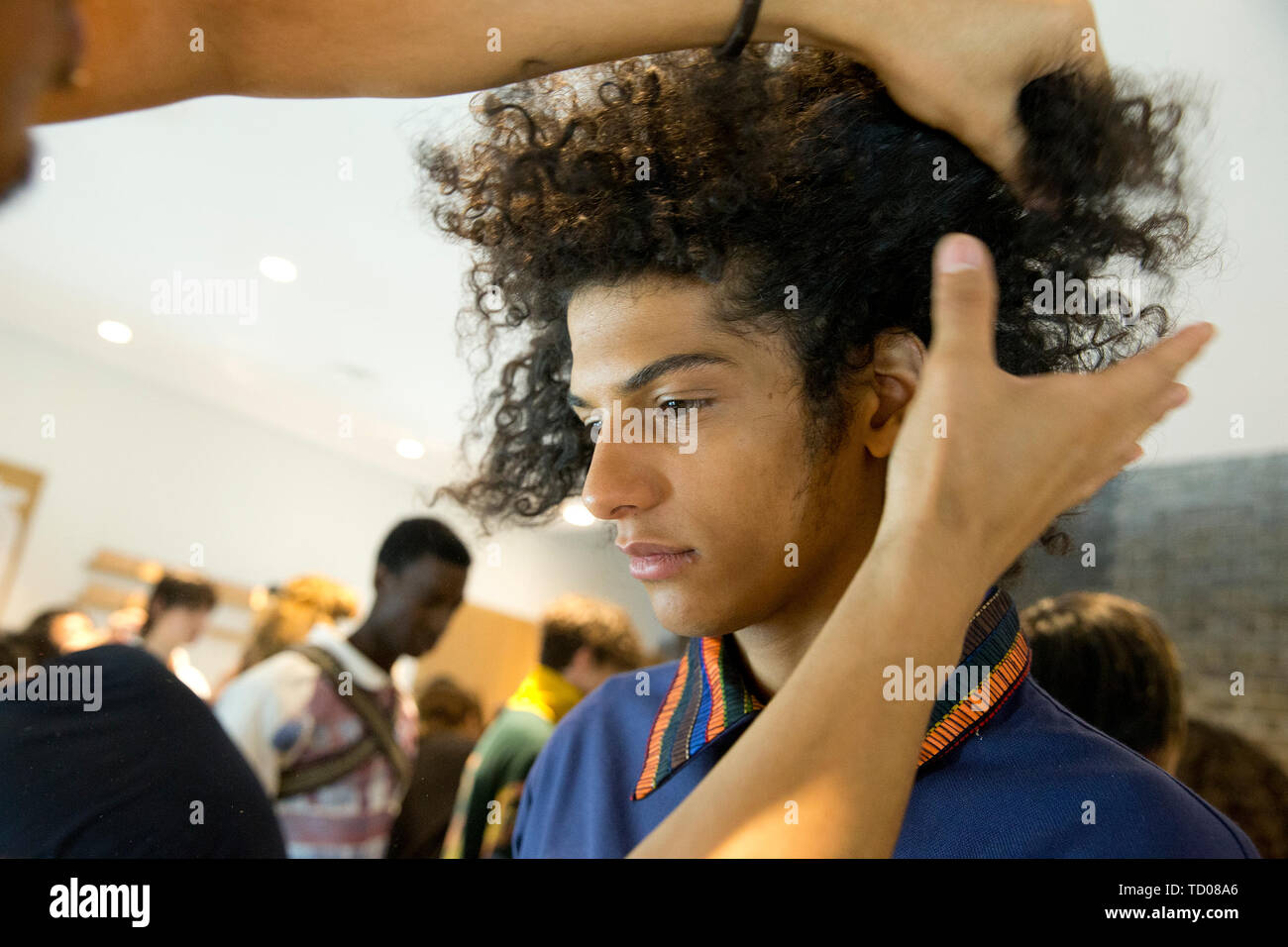 Models on the backstage during the Bethany Williams London Fashion Week ...
